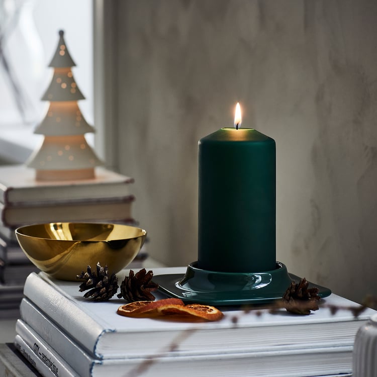 FENOMEN unscented pillar candle, green, 14 cm - IKEA