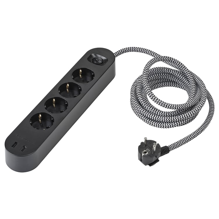 KOPPLA 4-way socket with 2 USB ports, black/white/textile, 3.0 m - IKEA
