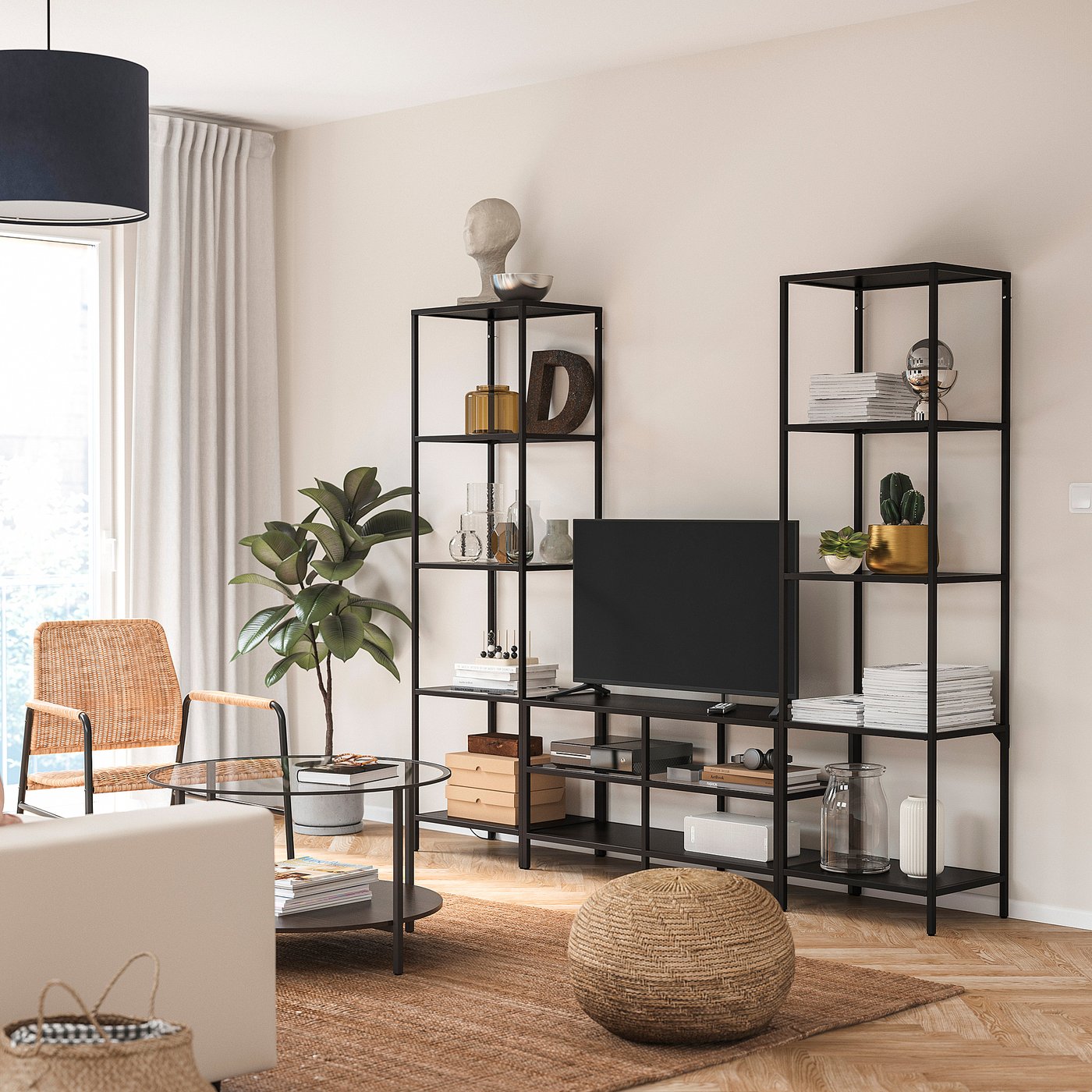 VITTSJO TV storage combination black brown glass 202x36x175 cm IKEA