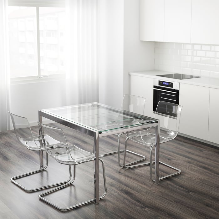GLIVARP extendable table, transparent/chrome-plated, 125/188x85 cm ...