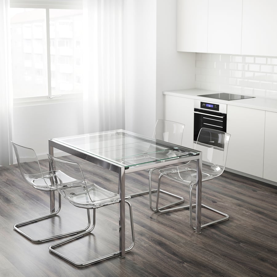 GLIVARP extendable table, transparent/chrome-plated, 125/188x85 cm ...