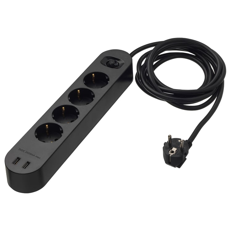 KOPPLA 4-way socket with 2 USB ports, black, 3.0 m - IKEA Spain