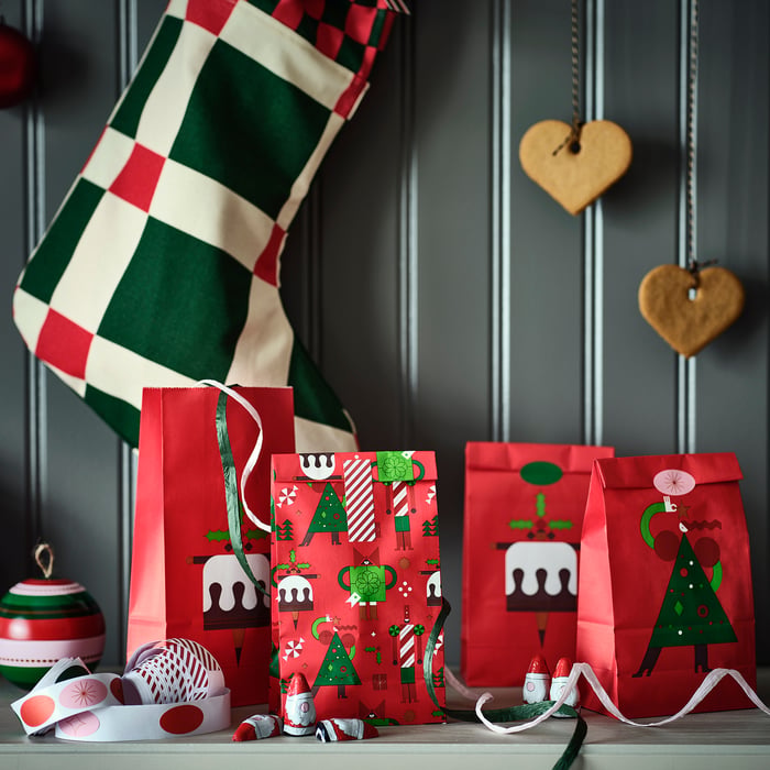 VINTERFINT paper bag, mixed patterns red, 12x24 cm - IKEA Spain