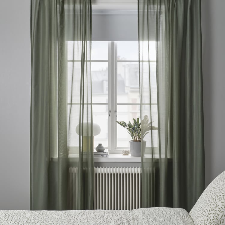 STENFRÖ cortina, par, verde/con cinta de prego, 145x300 cm - IKEA