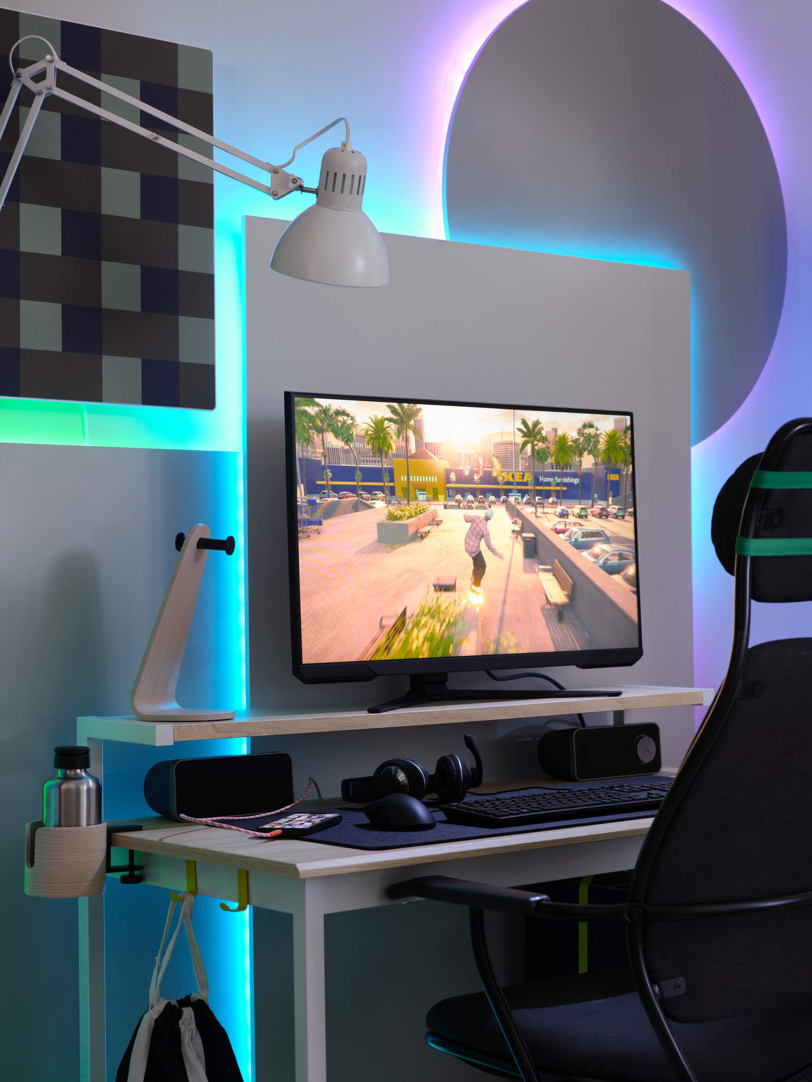 Nonstop play in a modern, small space PC gaming setup - IKEA