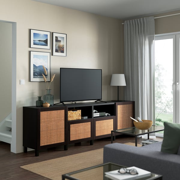 BESTÅ TV bench with doors and drawers, black-brown/Studsviken/Stubbarp ...
