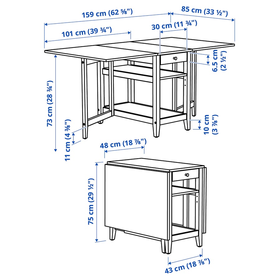 NÄSINGE table à rabat avec rangement, blanc, 48/104/159x85 cm - IKEA