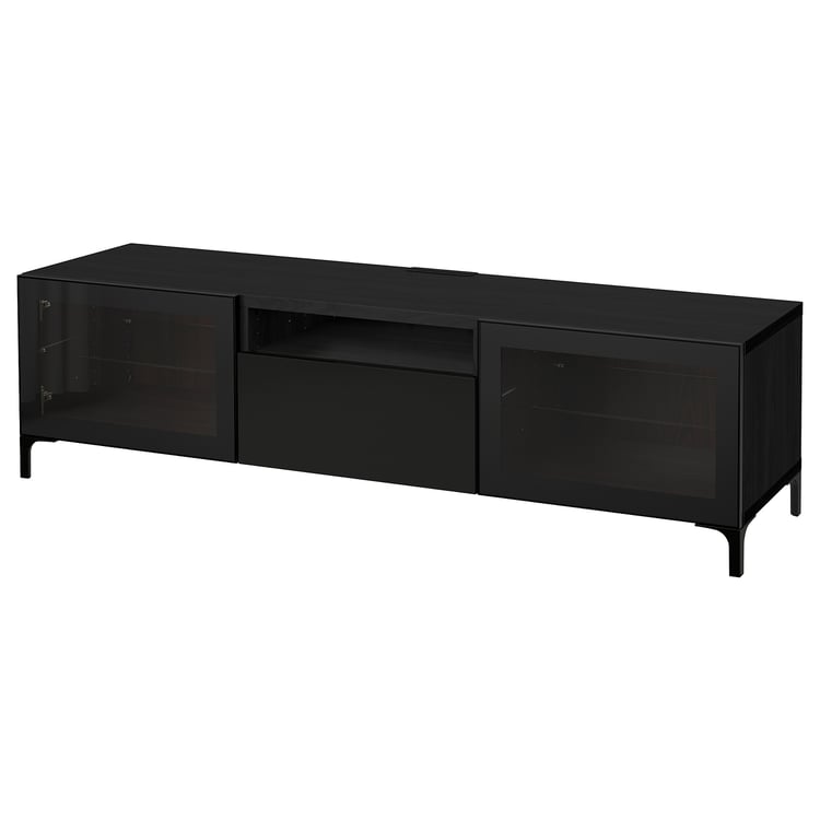BESTÅ TV bench, black-brown/Selsviken/Nannarp high-gloss/black clear ...