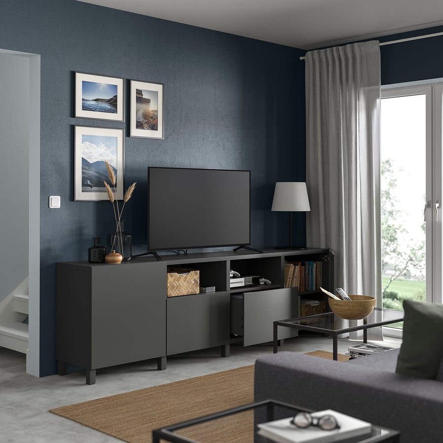 BESTÅ TV bench with doors and drawers, dark grey/Lappviken/Stubbarp ...