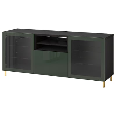 BESTÅ TV bench with drawers, black-brown Glassvik/Selsviken/Ösarp dark olive-green, 180x42x74 cm ...