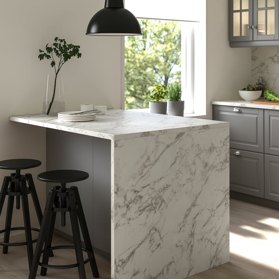 EKBACKEN custom made worktop, white lively marble effect/laminate, 63.6 ...