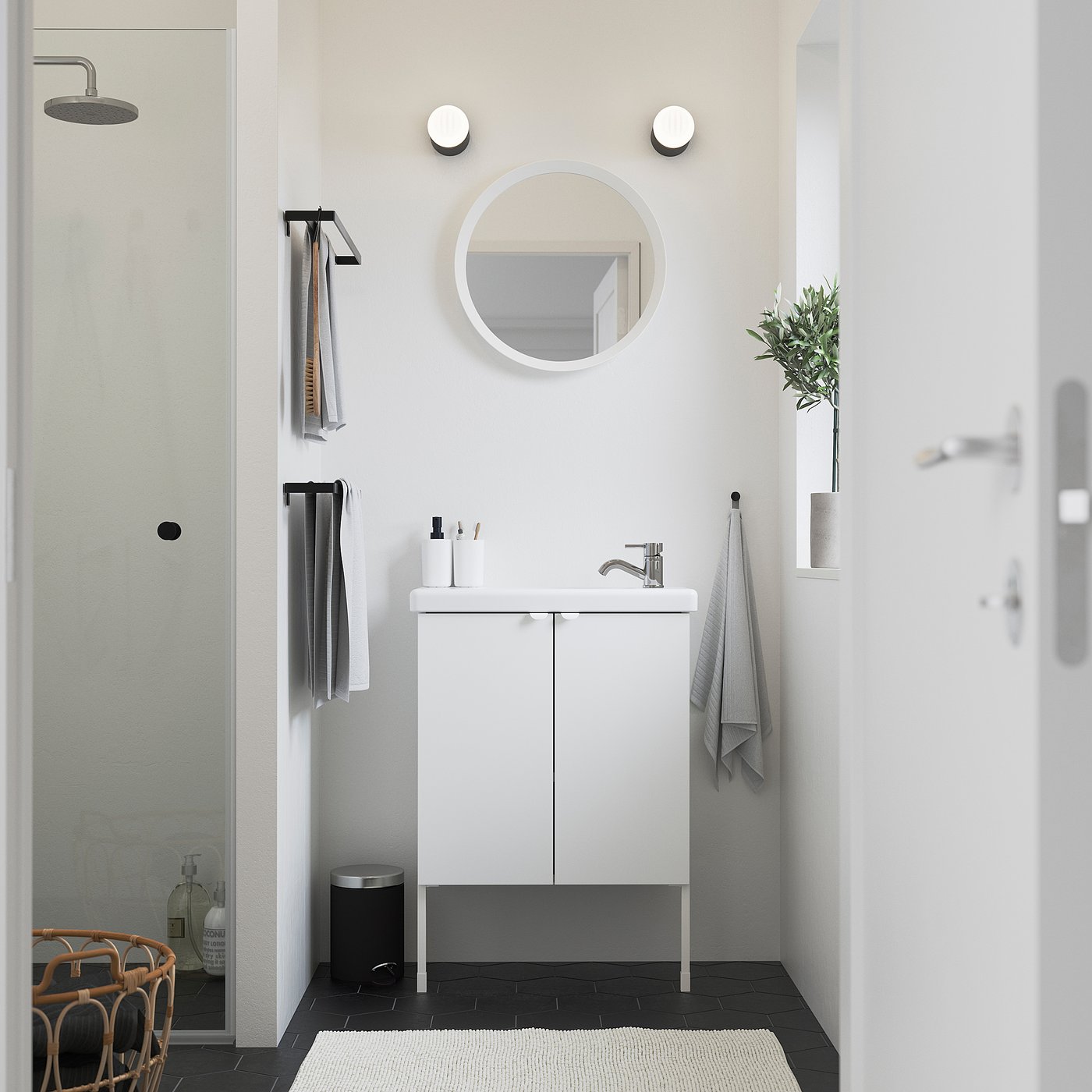 ENHET / TVÄLLEN Wash-basin cabinet with 2 doors - high-gloss white ...