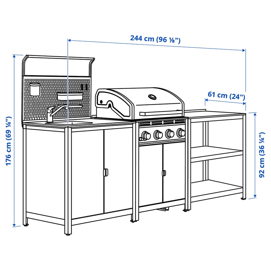 GRILLSKÄR outdoor kitchen w gas barbecue, stainless steel, 244x61x176 ...