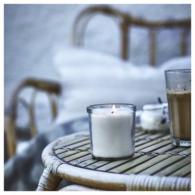 JÄMLIK scented candle in glass, Vanilla/light beige, 40 hr - IKEA UK