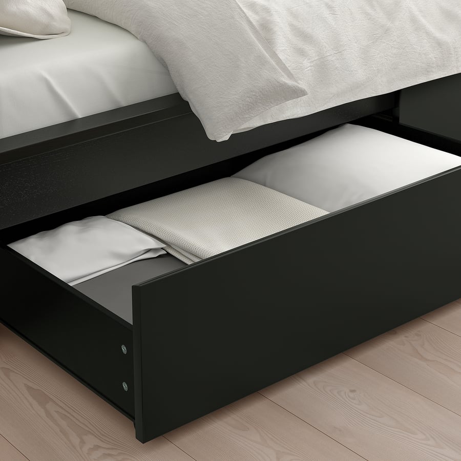 MALM black-brown, Lönset, Bed frame, high, w 2 storage boxes, Standard King - IKEA