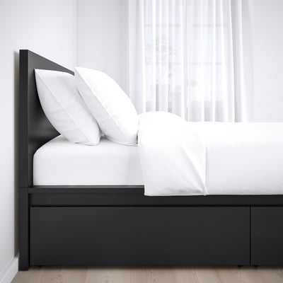 MALM black-brown, Luröy, Bed frame, high, w 4 storage boxes, Standard King - IKEA