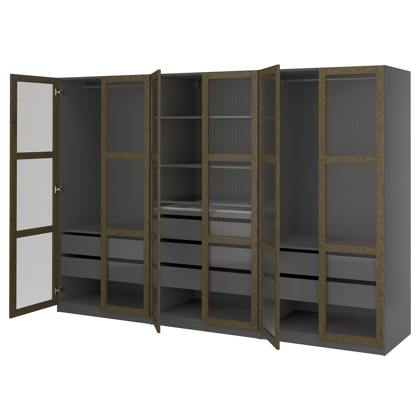 PAX TONSTAD Wardrobe combination dark grey brown stained oak veneer glass 300x60x201 cm