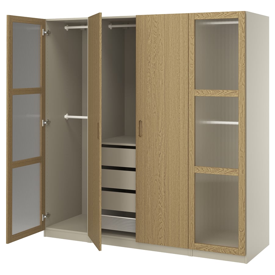PAX / TONSTAD wardrobe combination, grey-beige/oak veneer glass ...