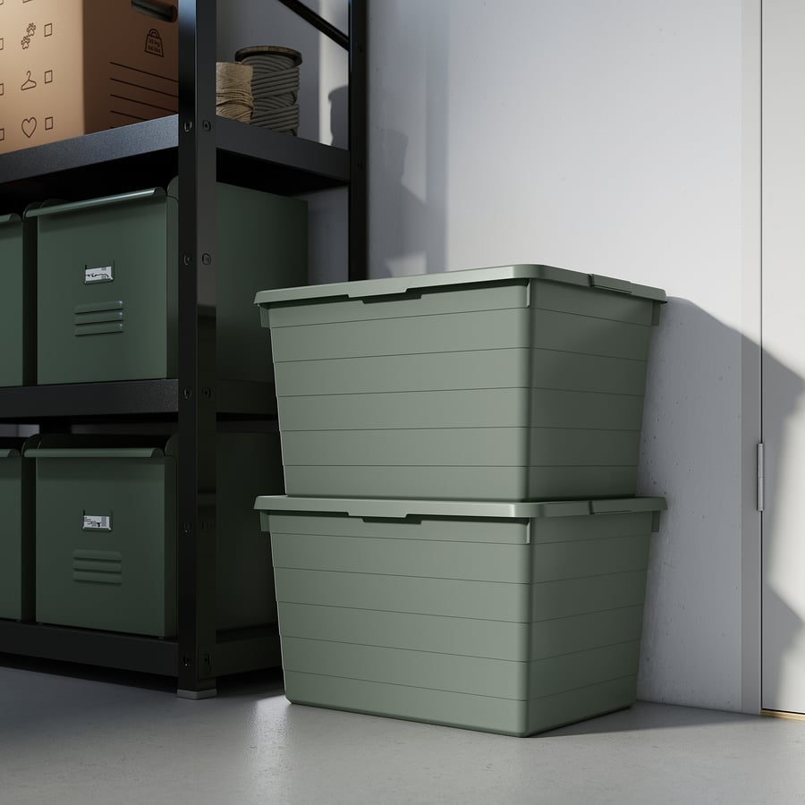 SOCKERBIT storage box with lid, grey-green, 38x51x30 cm - IKEA