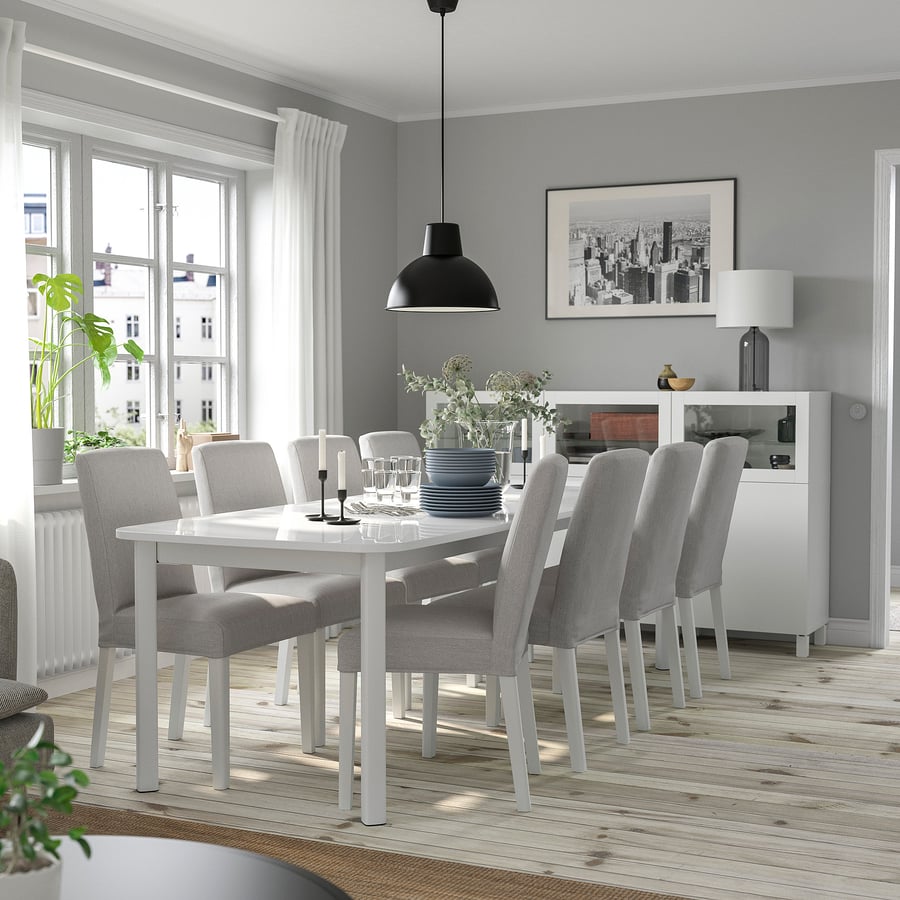 STRANDTORP / BERGMUND dining table and 8 chairs, white/Ramna light grey ...