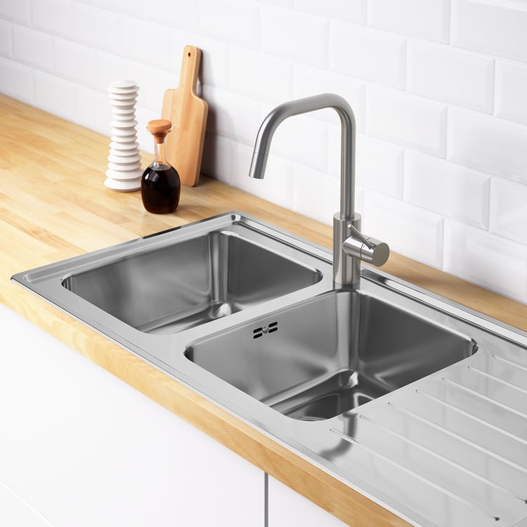 VATTUDALEN Inset sink, 2 bowls with drainboard, stainless steel, 110x53 ...