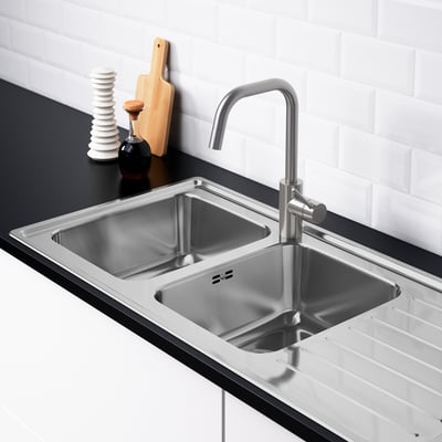 VATTUDALEN Inset sink, 2 bowls with drainboard, stainless steel, 110x53 ...