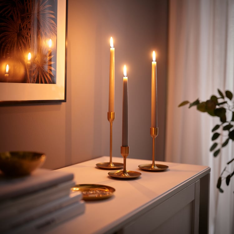 KLOKHET tanka svijeća bez mirisa, sivo-bež, 25 cm - IKEA