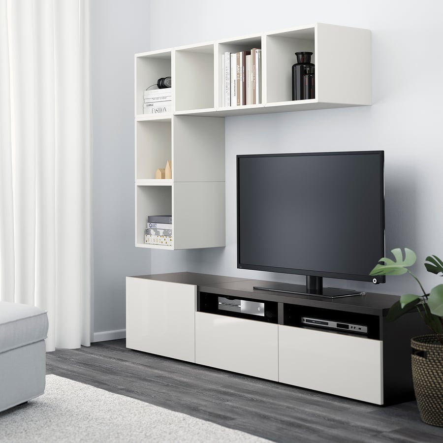 BESTÅ / EKET cabinet combination for TV, white/black-brown/high-gloss ...