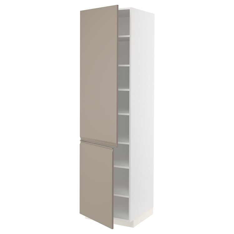 METOD high cabinet with shelves/2 doors, white/Upplöv matt dark beige ...
