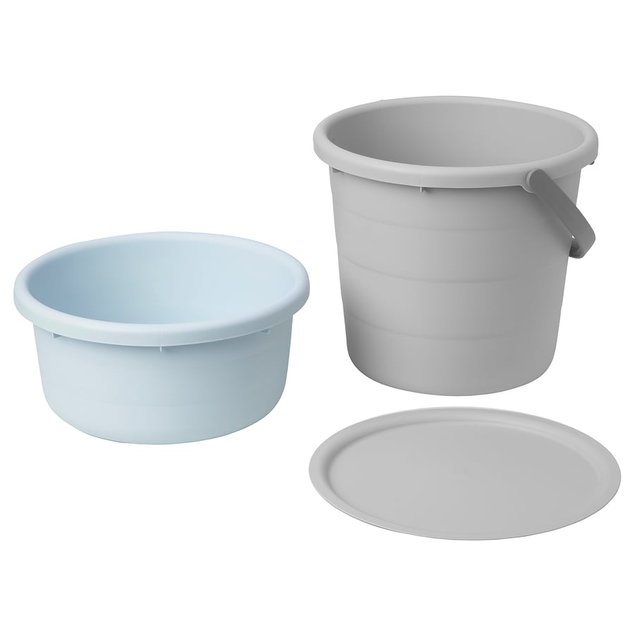 PEPPRIG 3-piece bucket set with lid, grey/blue - IKEA Ireland