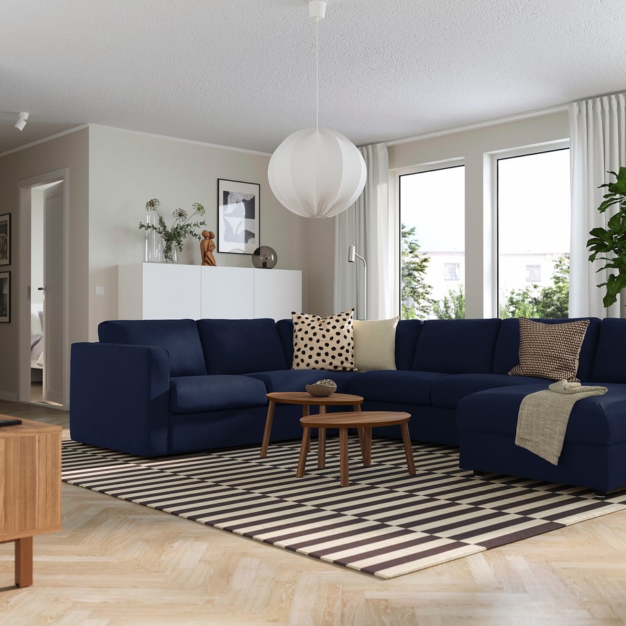 VIMLE corner sofa, 5 seater with chaise longue, Djuparp dark blue velvet - IKEA Ireland