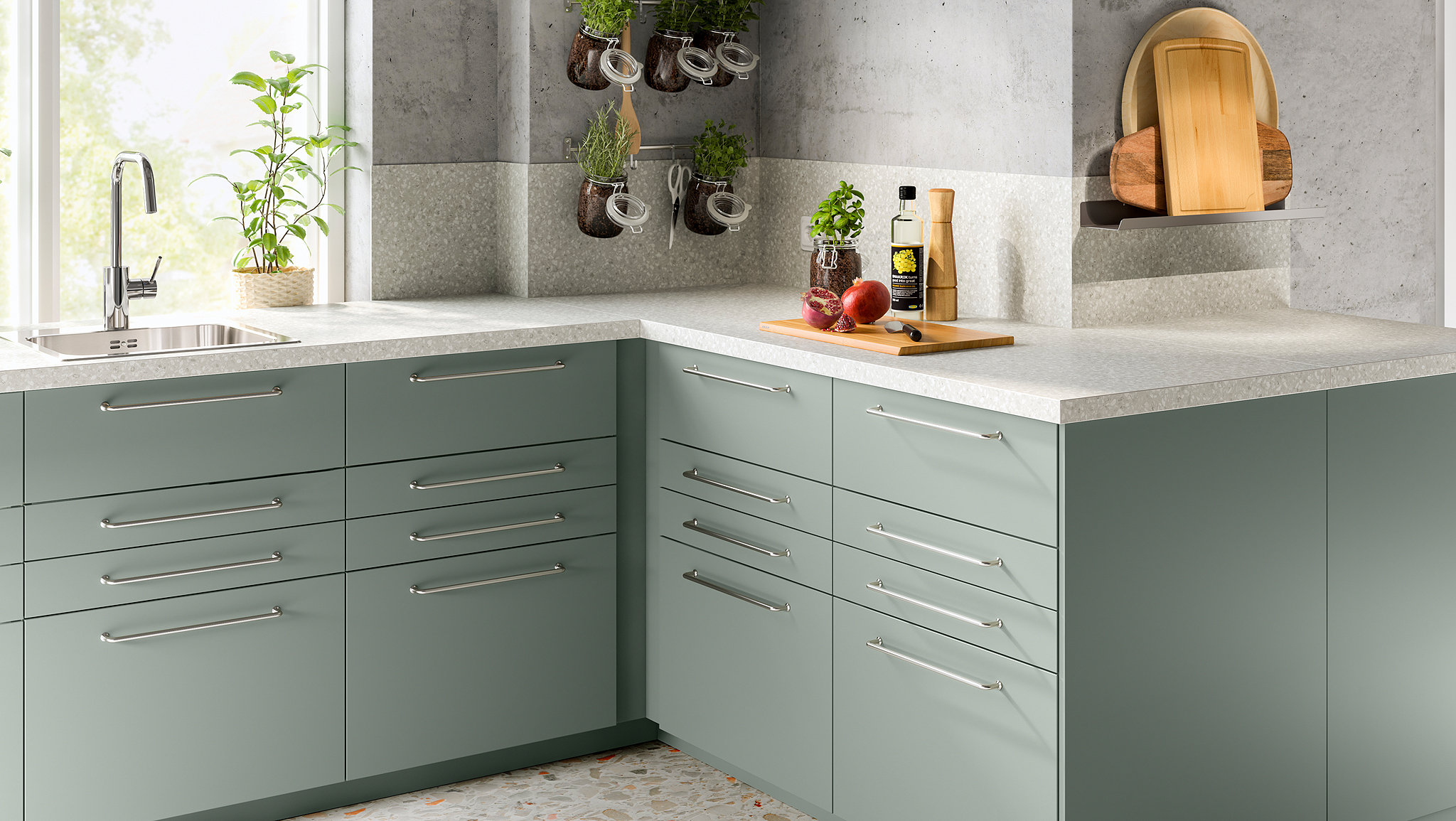 A harmonious grey-green BODARP kitchen - IKEA