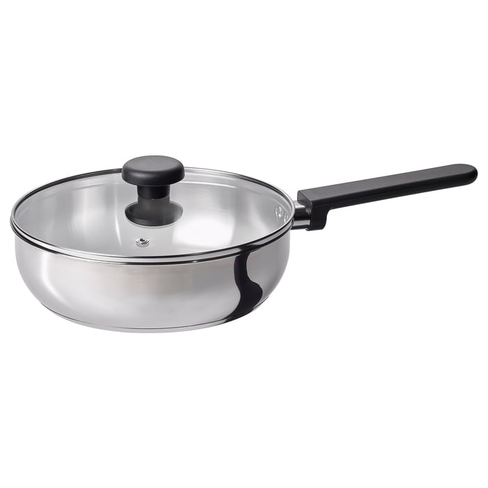 MIDDAGSMAT sauté pan with lid, clear glass/stainless steel, 24 cm (9 ...