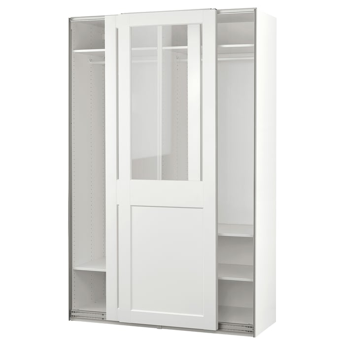 PAX / GRIMO wardrobe with sliding doors, white/clear glass white ...