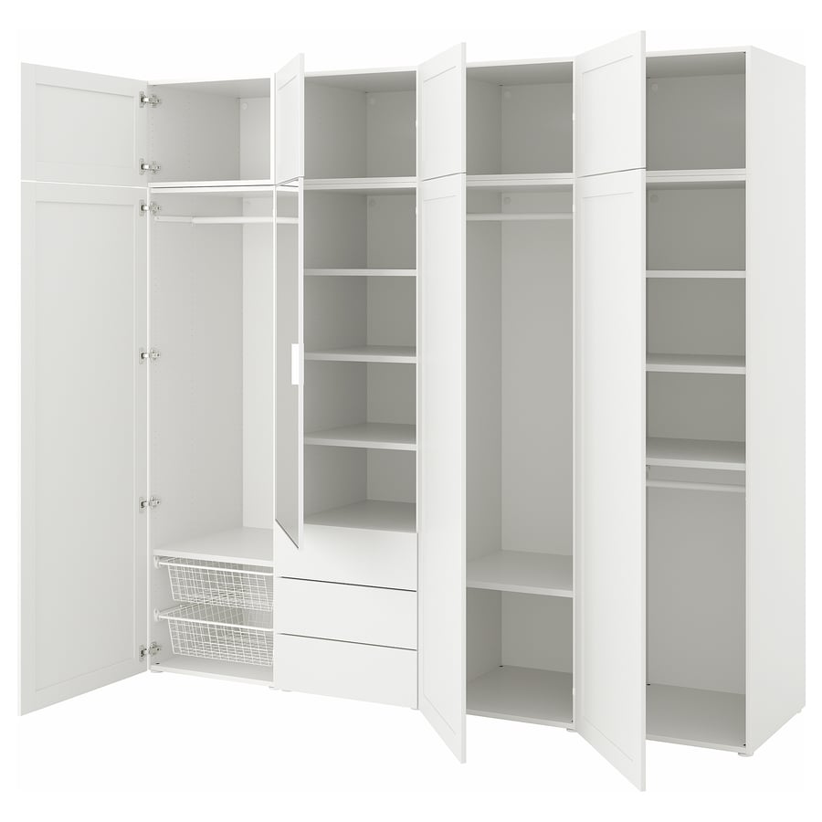 PLATSA wardrobe with 8 doors+3 drawers, white STRAUMEN mirror glass /SANNIDAL white, 240x57x221 ...