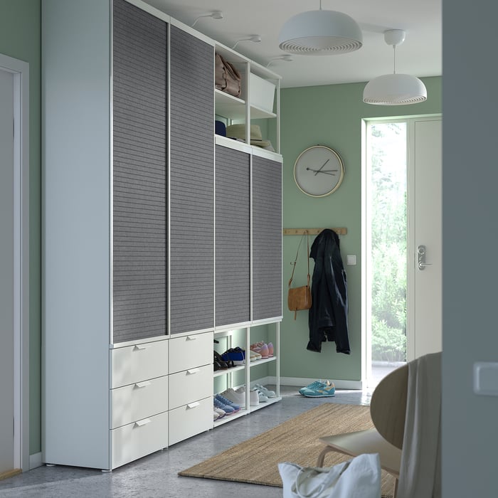 PLATSA guardaroba giorno 4ante scor/6cass, bianco Larkollen/grigio ...