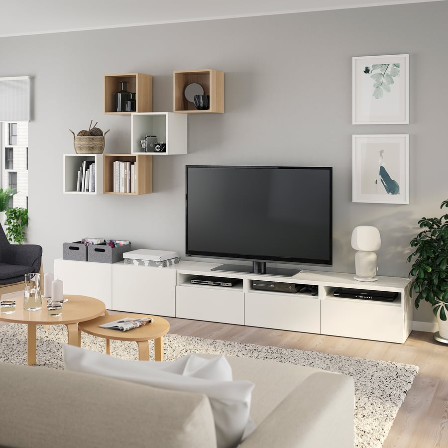 BESTÅ / EKET Cabinet combination for TV, white/white stained oak effect ...