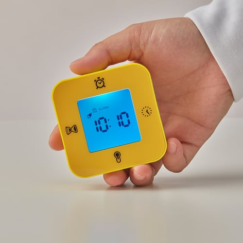KLOCKIS clock/thermometer/alarm/timer, dark yellow, 7x7 cm - IKEA
