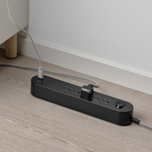 KOPPLA 5-way socket with 2 USB ports, black/white/textile, 3.0 m - IKEA