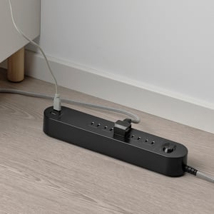 KOPPLA 5-way socket with 2 USB ports, black/white/textile, 3.0 m - IKEA