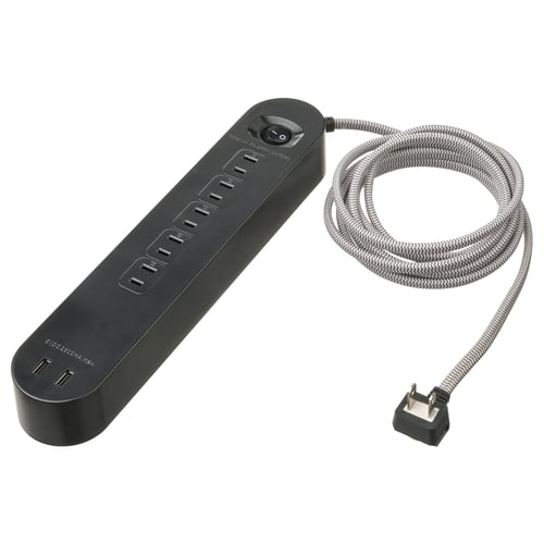 KOPPLA 5-way socket with 2 USB ports, black/white/textile, 3.0 m - IKEA