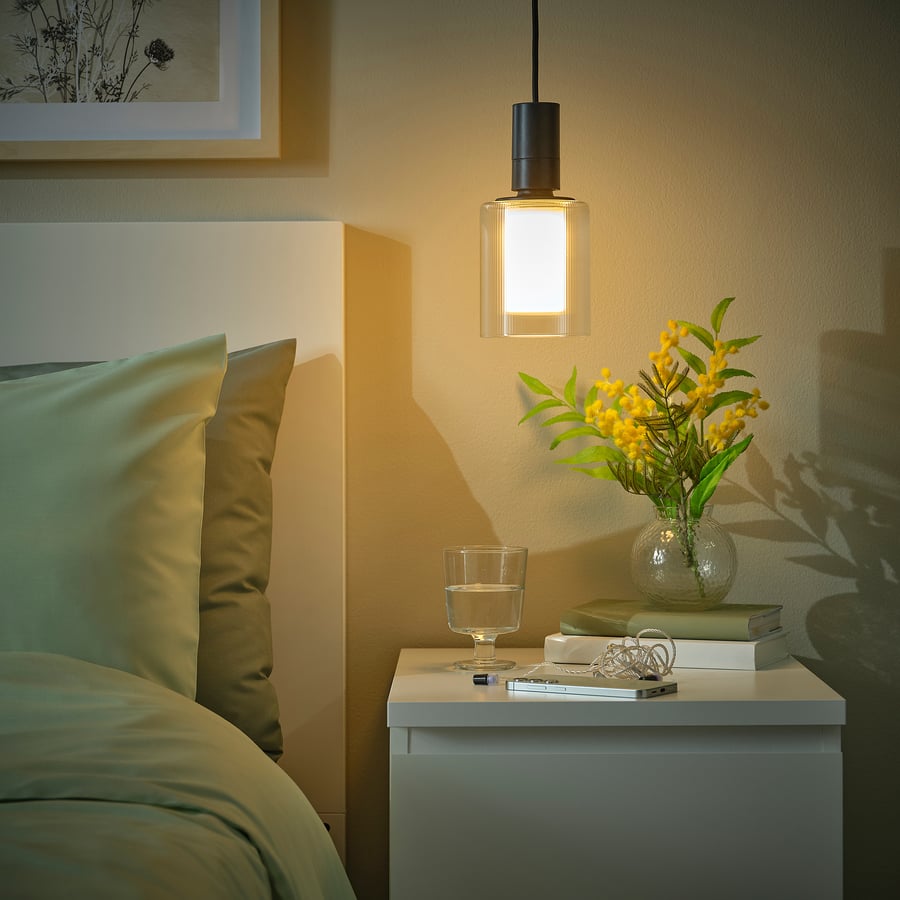 SUNNEBY / MOLNART pendant lamp with light bulb, black textile/cylinder ...