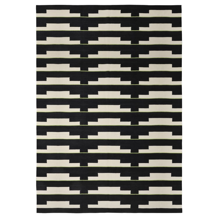 STOCKHOLM 2025 rug, flatwoven, black/white/light green handwoven ...