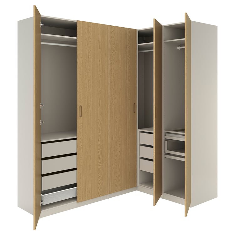 PAX / TONSTAD corner wardrobe, grey-beige/grey-beige oak veneer, 231 ...