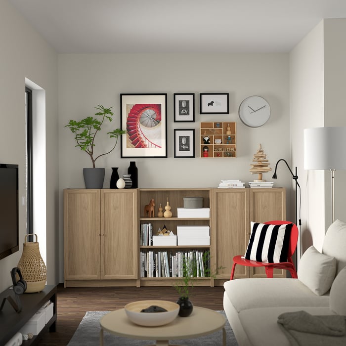 BILLY / OXBERG bookcase combination with doors, oak effect, 240x30x106 ...