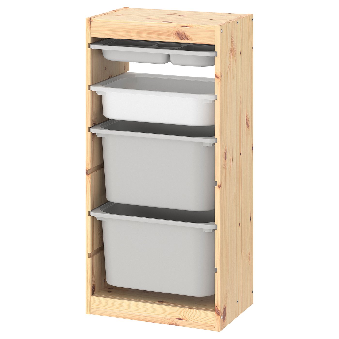 TROFAST combinaison rangement bacs/plateau, pin teinté blanc clair gris/blanc, 44x30x91 cm - IKEA