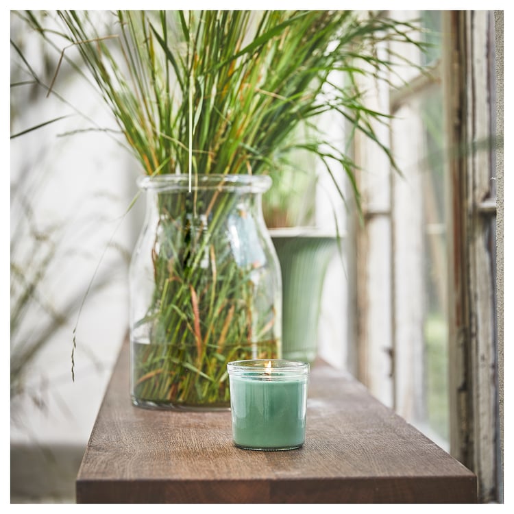 HEDERSAM scented candle in glass, Fresh grass/light green, 40 hr - IKEA