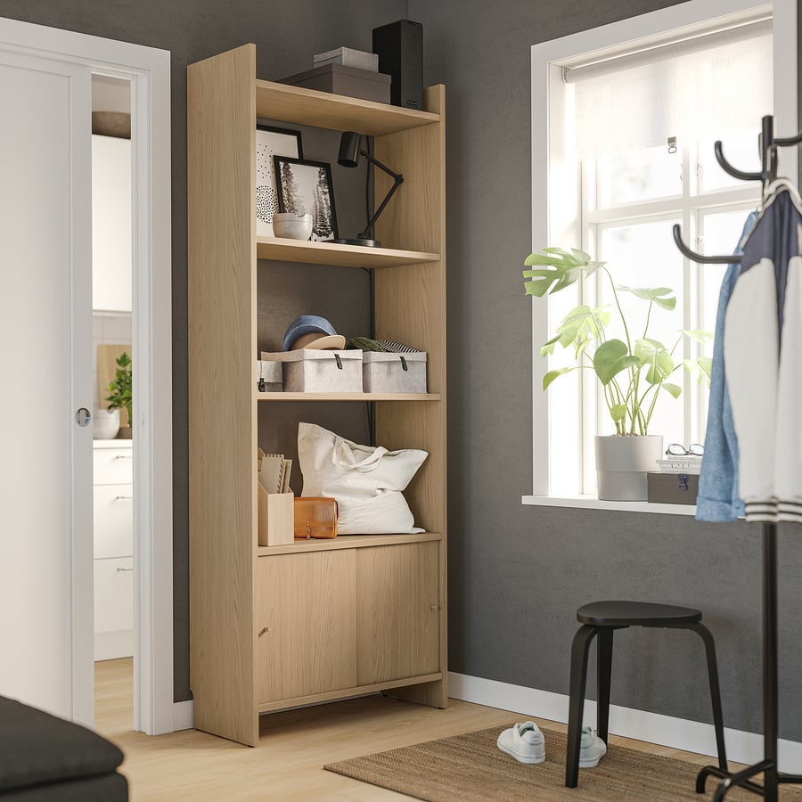 LÅDMAKARE storage combination w sliding doors, with 3 shelves/oak effect, 81x35x212 cm - IKEA