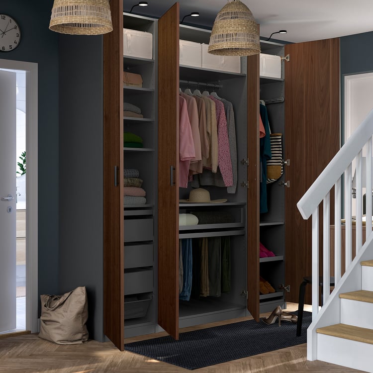 PAX / BJÖRNESKOGEN wardrobe combination, dark grey/walnut veneer ...
