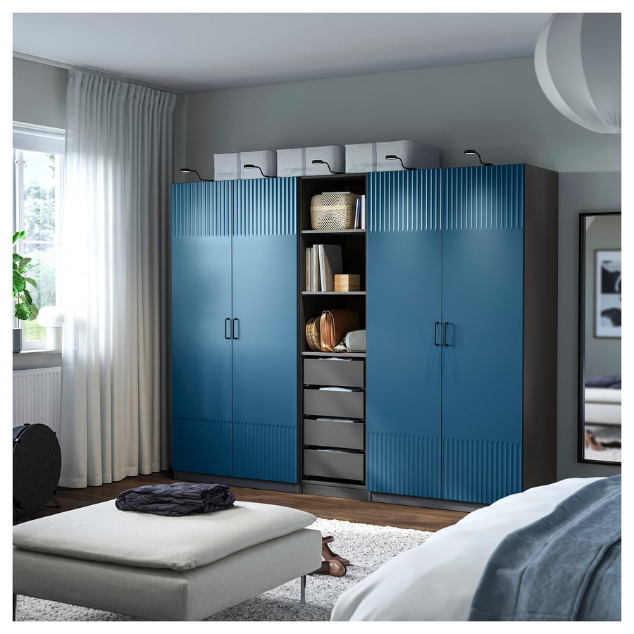 PAX / FYRUDDEN wardrobe combination, dark grey/blue, 250x60x201 cm - IKEA